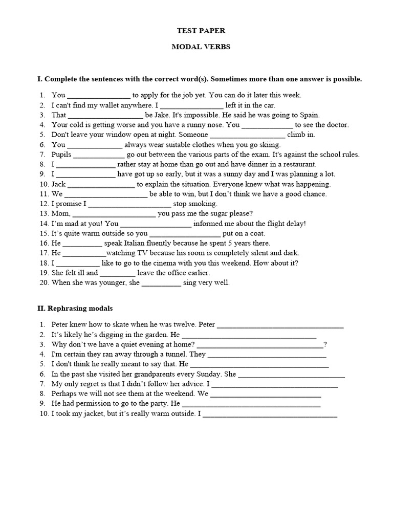 TEST PAPER - MODAL VERBS | PDF