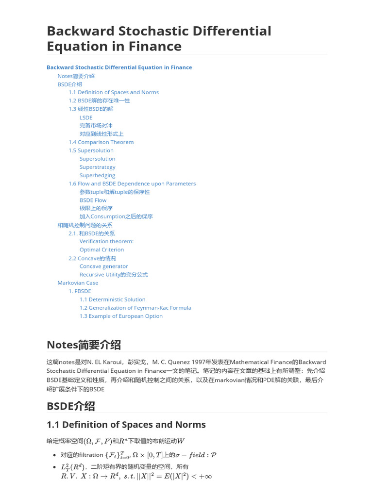 Backward Stochastic Differential Equation in Finance | PDF