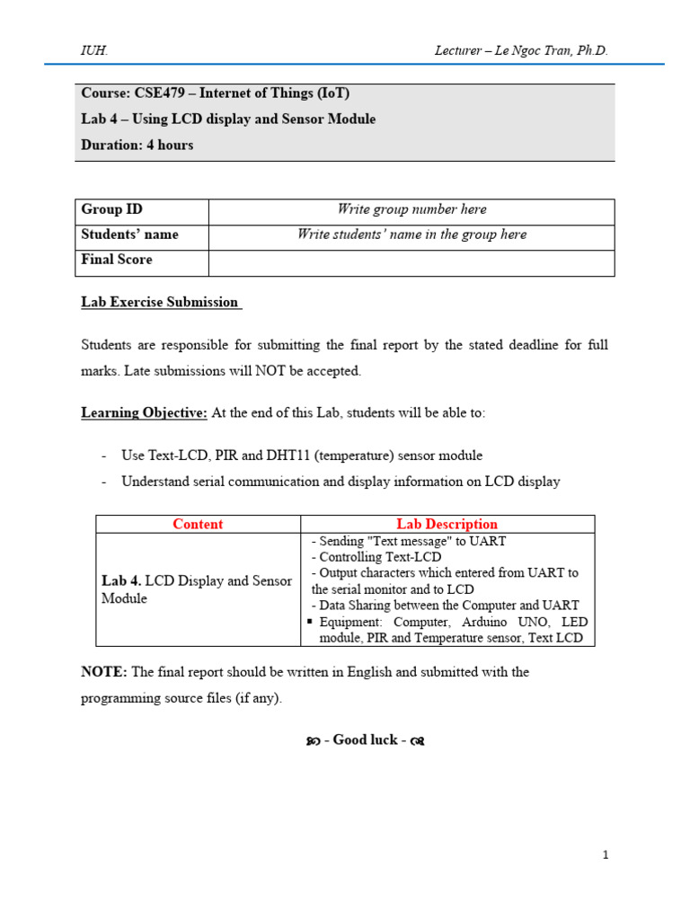 Lab 4 - Using LCD and Sensor Module | PDF | Arduino | Sensor