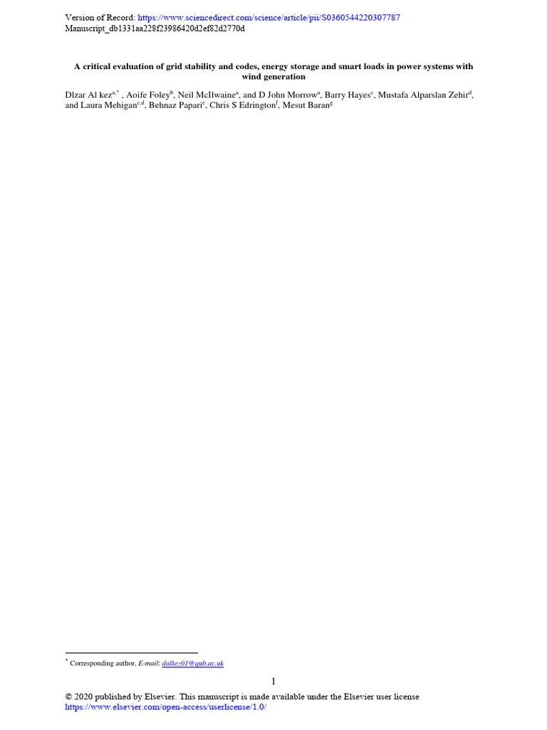Critical Evaluation of Grid Stability and Codes, Energy Storage and ...