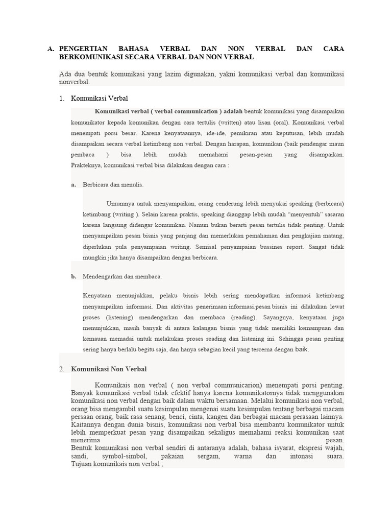 Pengertian Bahasa Verbal Dan Non Verbal Dan Cara Berkomunikasi Secara Verbal Dan Non Verbal | PDF