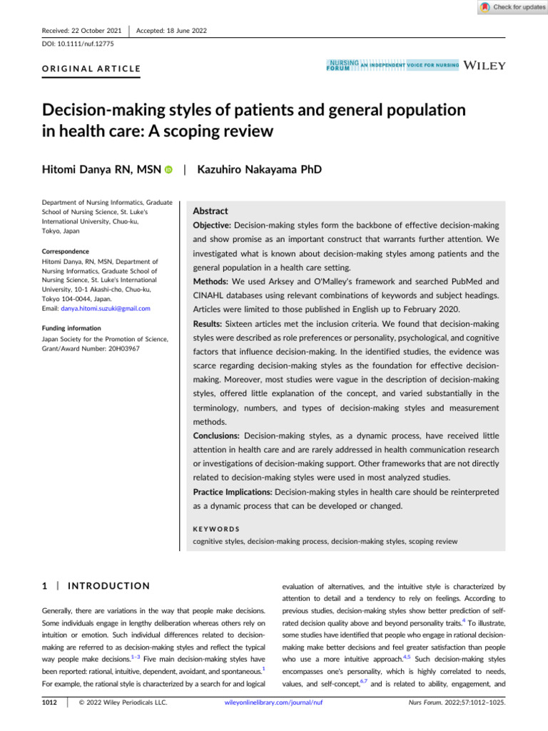 Nursing Forum - 2022 - Danya - Decision Making Styles of Patients and ...