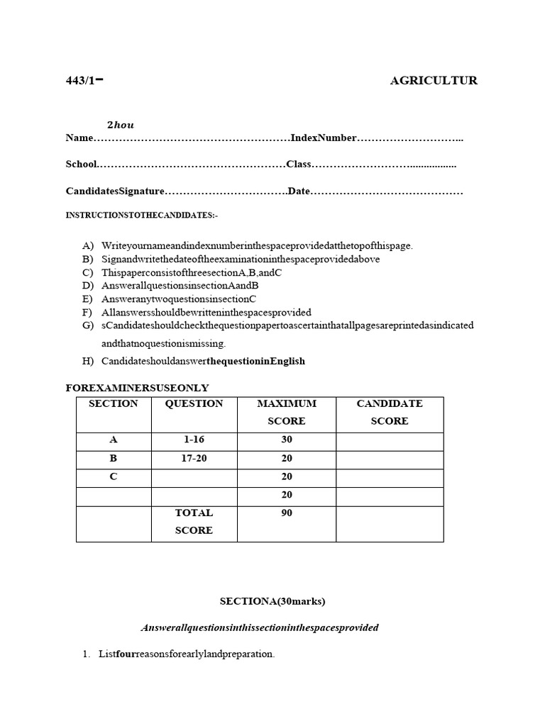Agriculture - Agriculture Form 3 Paper 1-Question Paper | PDF