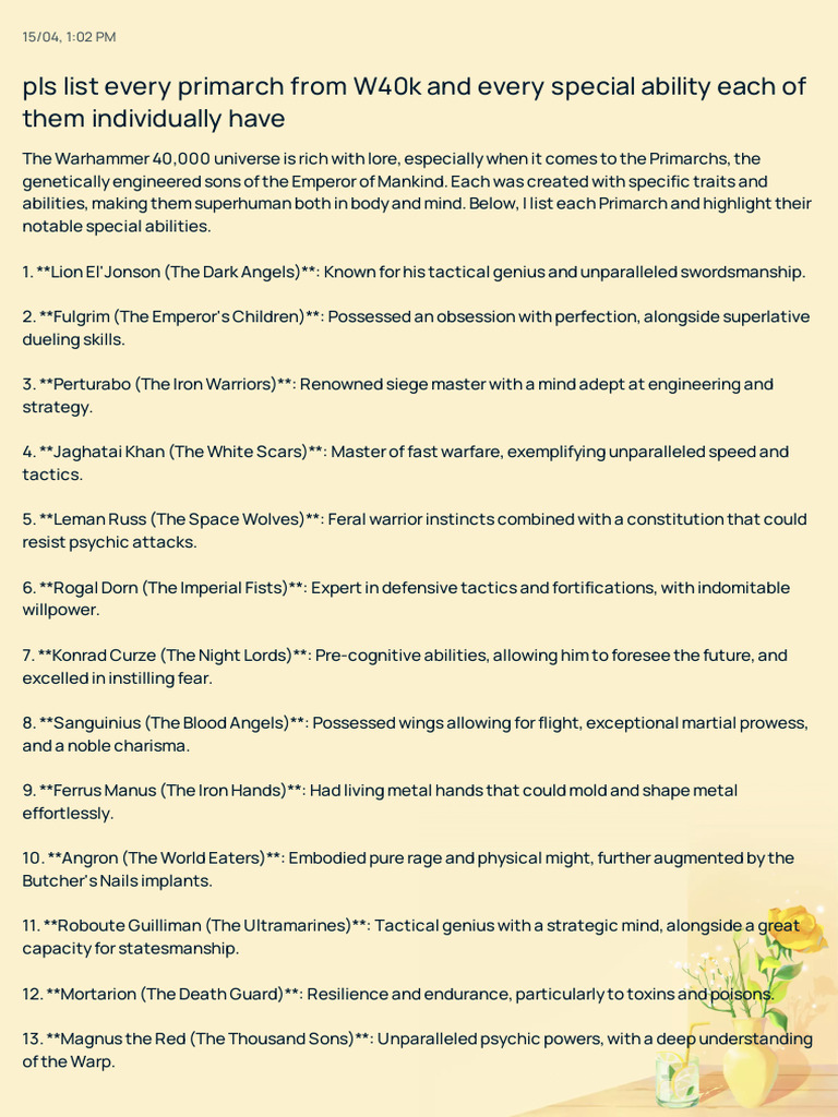 Warhammer 40k Primarchs and Abilities | PDF