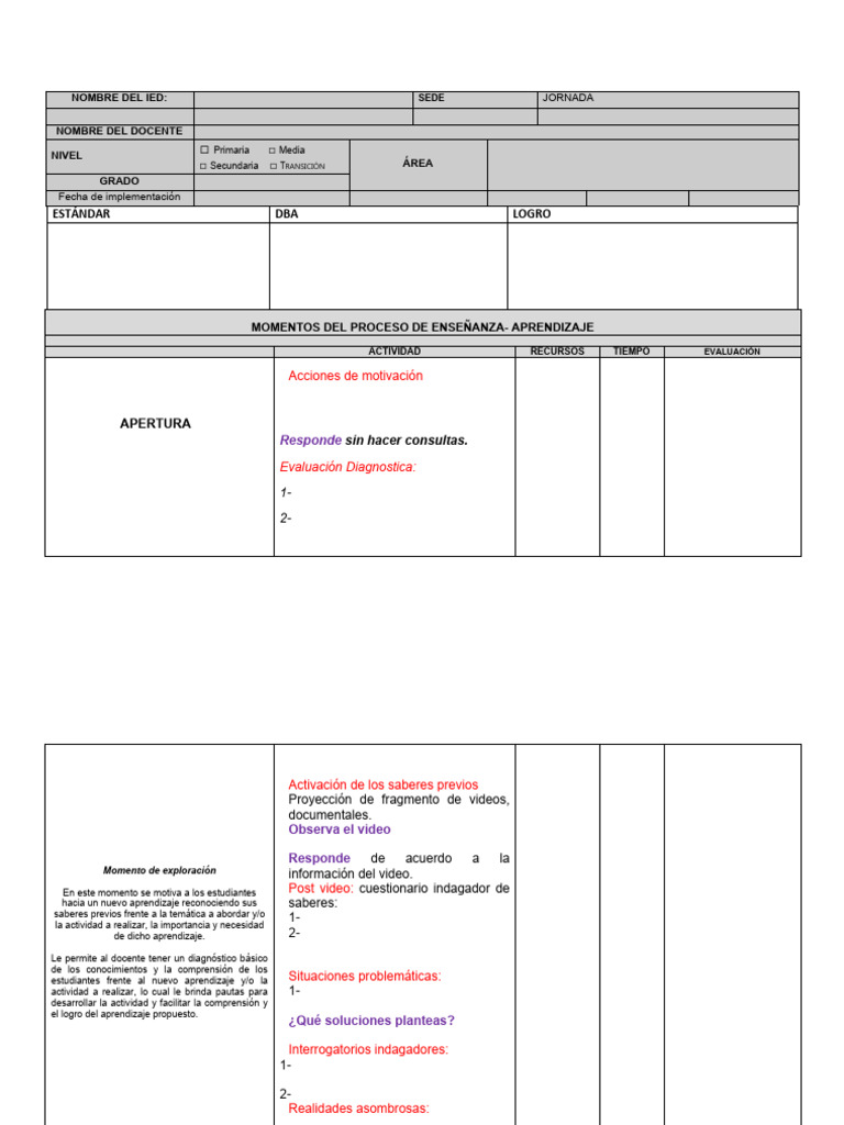 Formato De Secuencia Didactica Preescolar