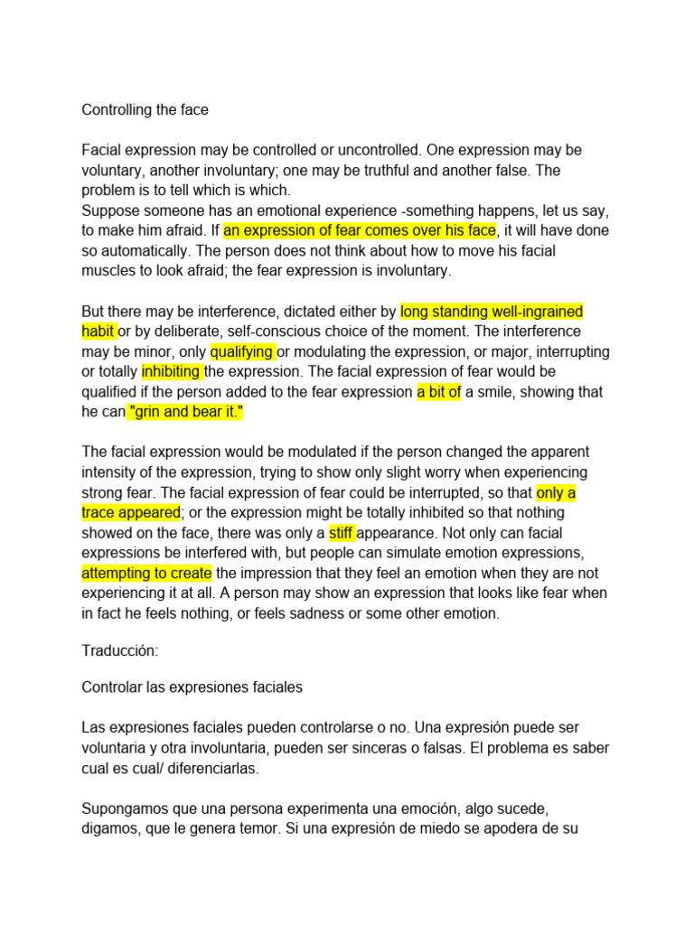 Traduccion Unmasking The Face | PDF | Facial Expression | Fear
