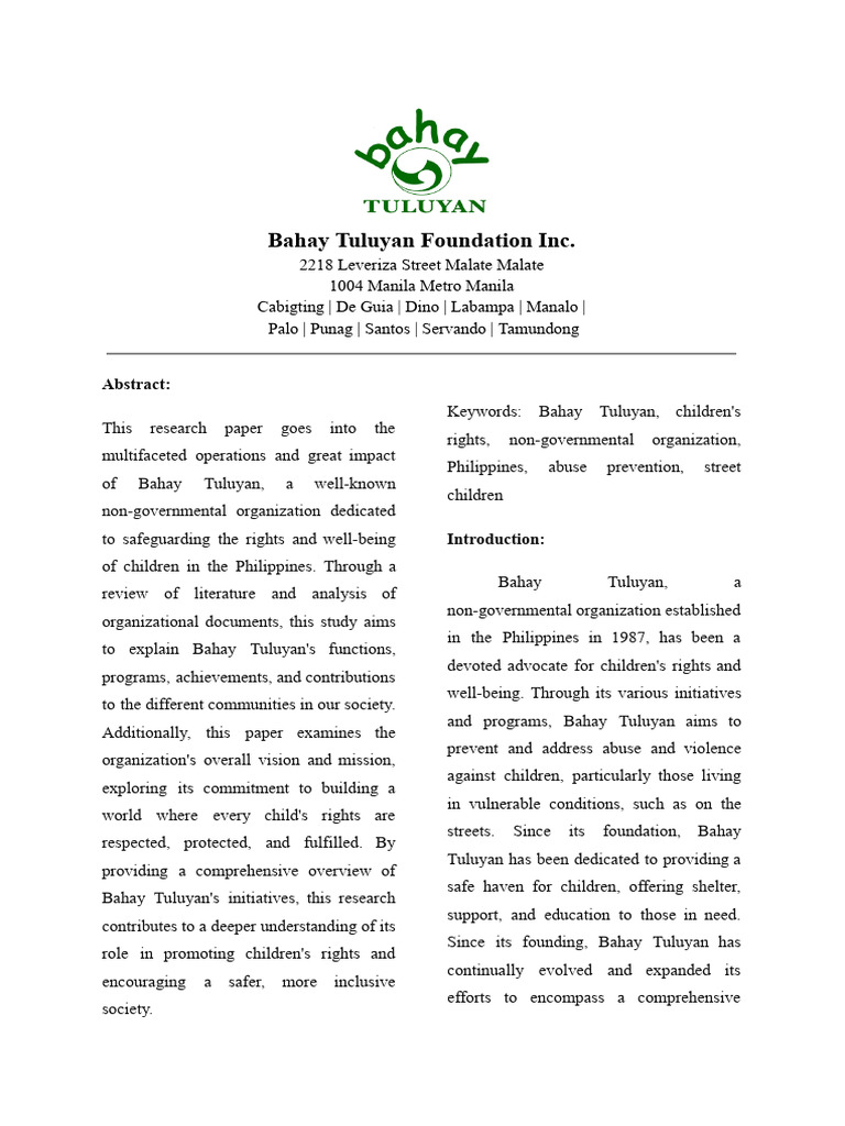 FinalManuscript - Bahay Tuluyan | PDF | Children's Rights | Empowerment