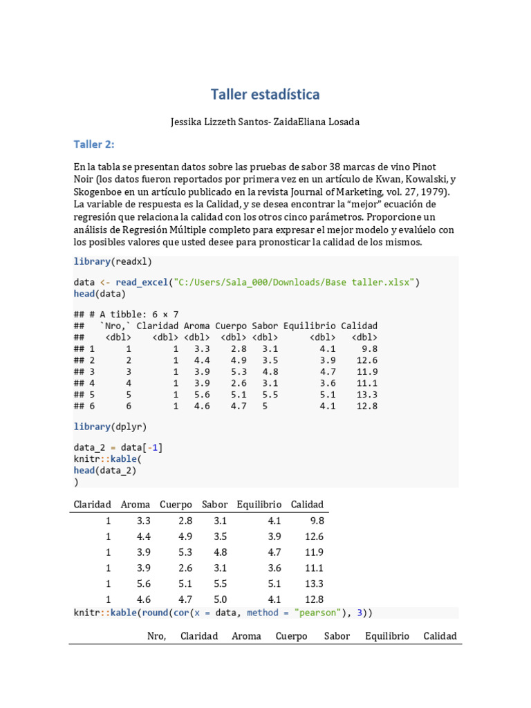 Taller 2 Regresion Multiple | PDF | Análisis de regresión | Teoría de la estimación