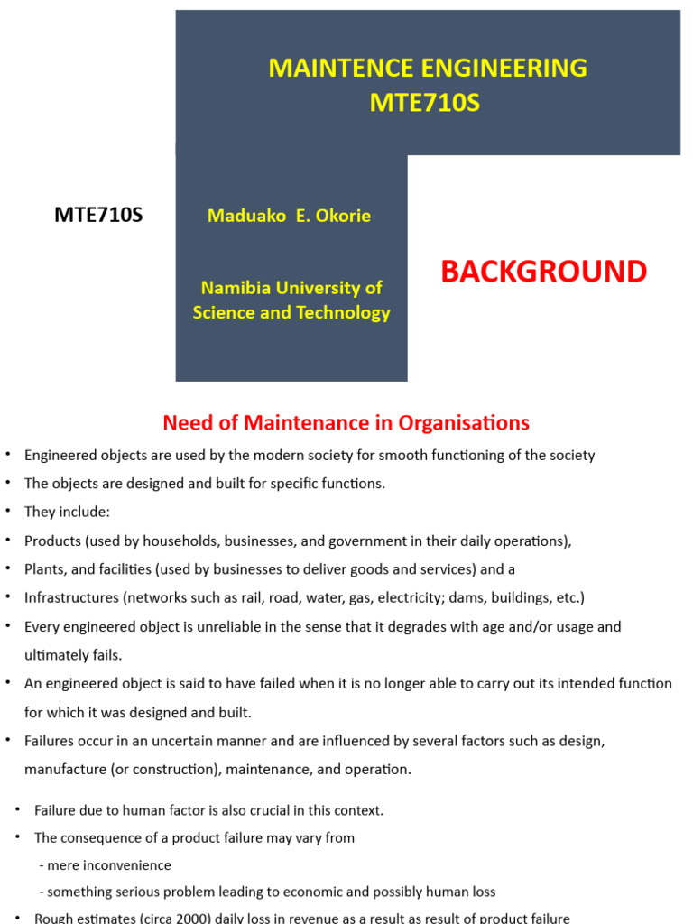 Maintenance Engineering - Introduction-2024 | PDF | Risk | Performance Indicator