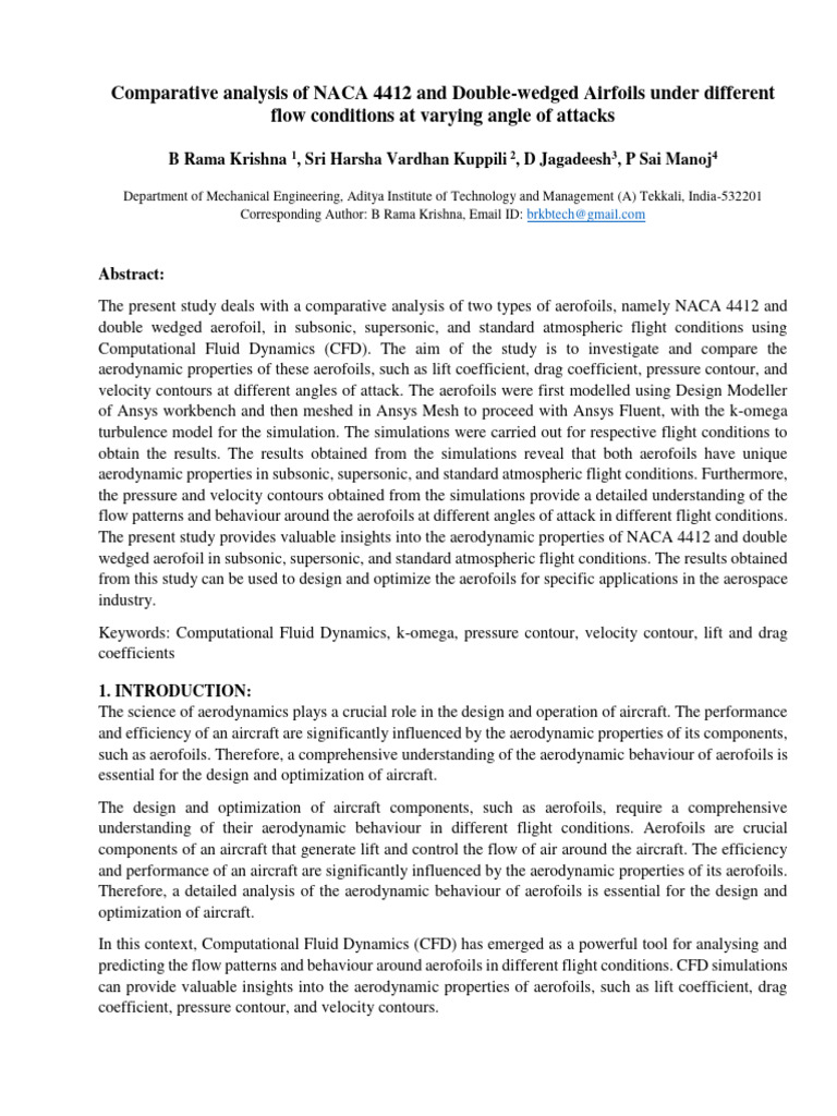 Comparative Analysis of NACA 4412 and Double Wedged Airfoils Under Different Flow Conditions at ...
