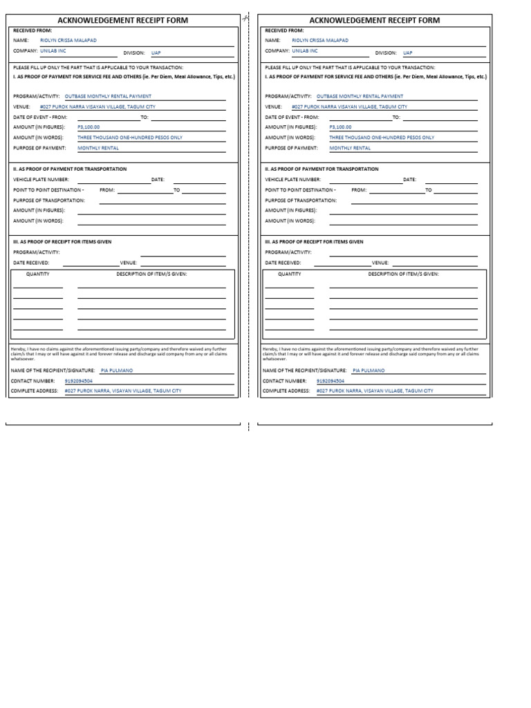 Acknowledgement Receipt Standard Form | PDF | Receipt | Per Diem