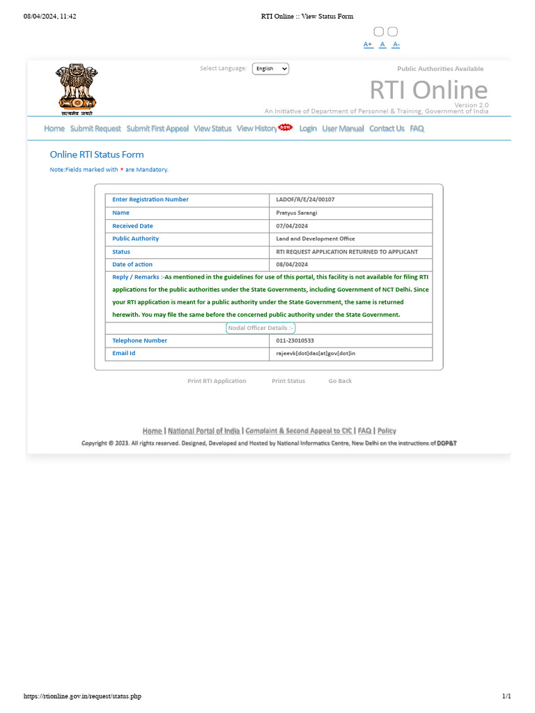 RTI Online - View Status Form | Download Free PDF | Computing