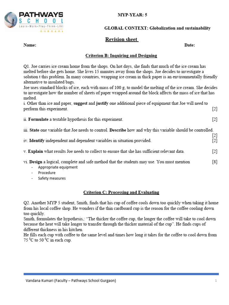 MYP Revision Sheet Cr.B_C | PDF | Temperature | Ice