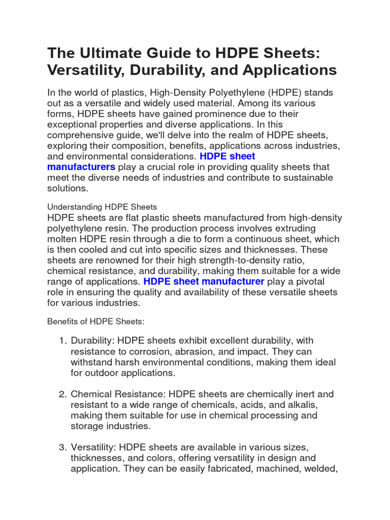HDPE Sheets: Benefits & Applications Guide | PDF | Materials ...