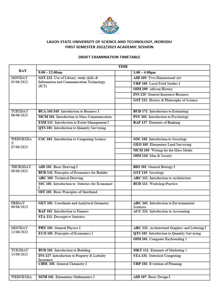 Draft Exam Timetable | PDF | Science