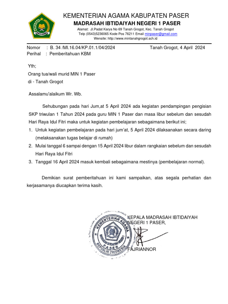 Pemberitahuan Libur KBM MIN 1 Paser | PDF