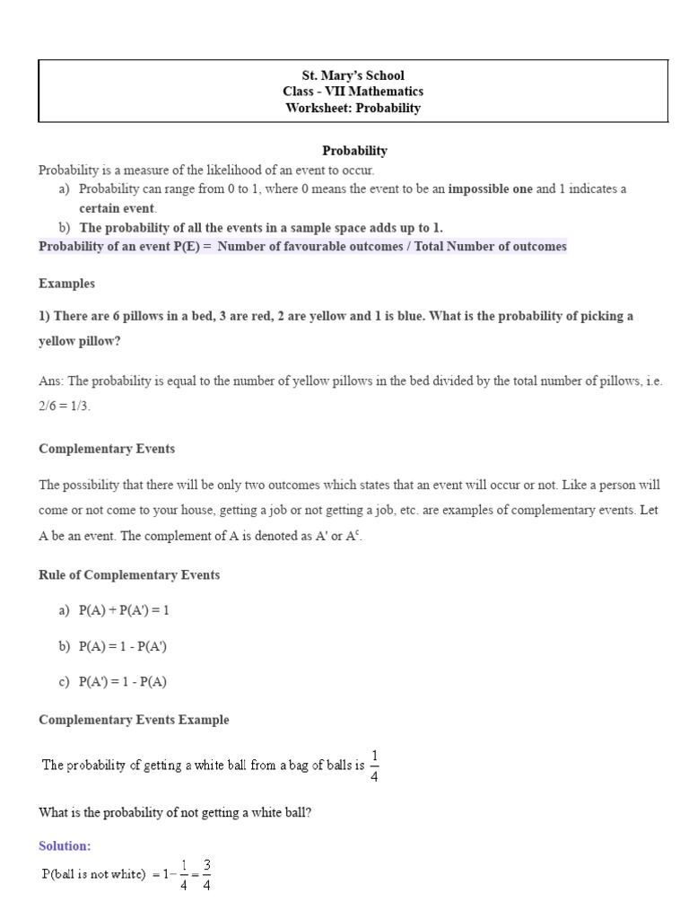 Class 7 worksheet on Probability | PDF | Probability | Odds
