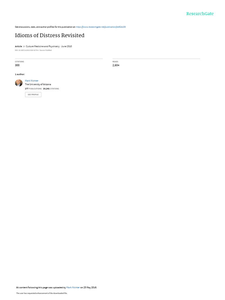 Nichter Mark - 2010 - Idioms of Distress Revisited | PDF | Psychiatry ...