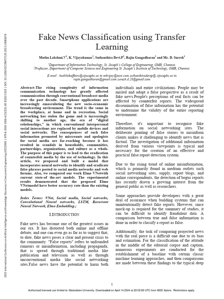 Fake News Classification Using Transfer Learning | PDF | Machine Learning | Cognitive Science