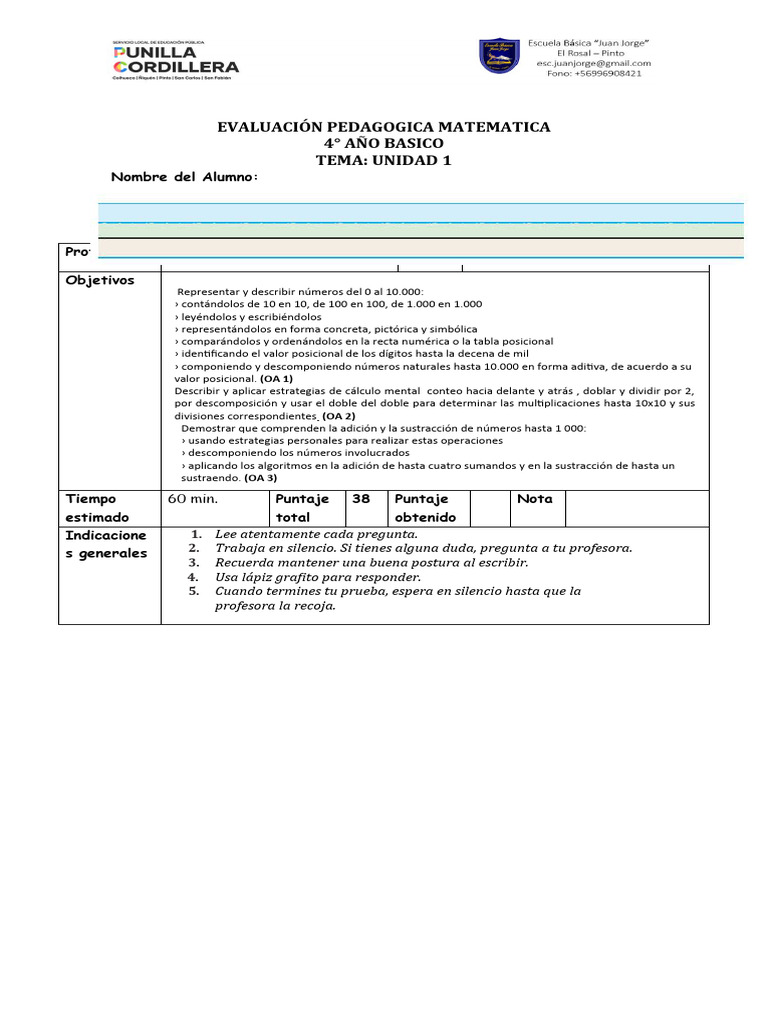 EVALUACION Matematica Unidad 1 | PDF | Sustracción | Notación Matemática