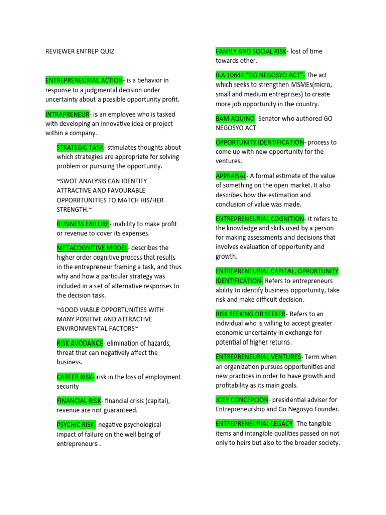 REVIEWER-ENTREP-QUIZ | PDF | Entrepreneurship | Risk