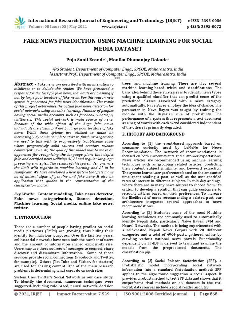 Irjet Fake News Prediction Using Machine | PDF | Machine Learning ...
