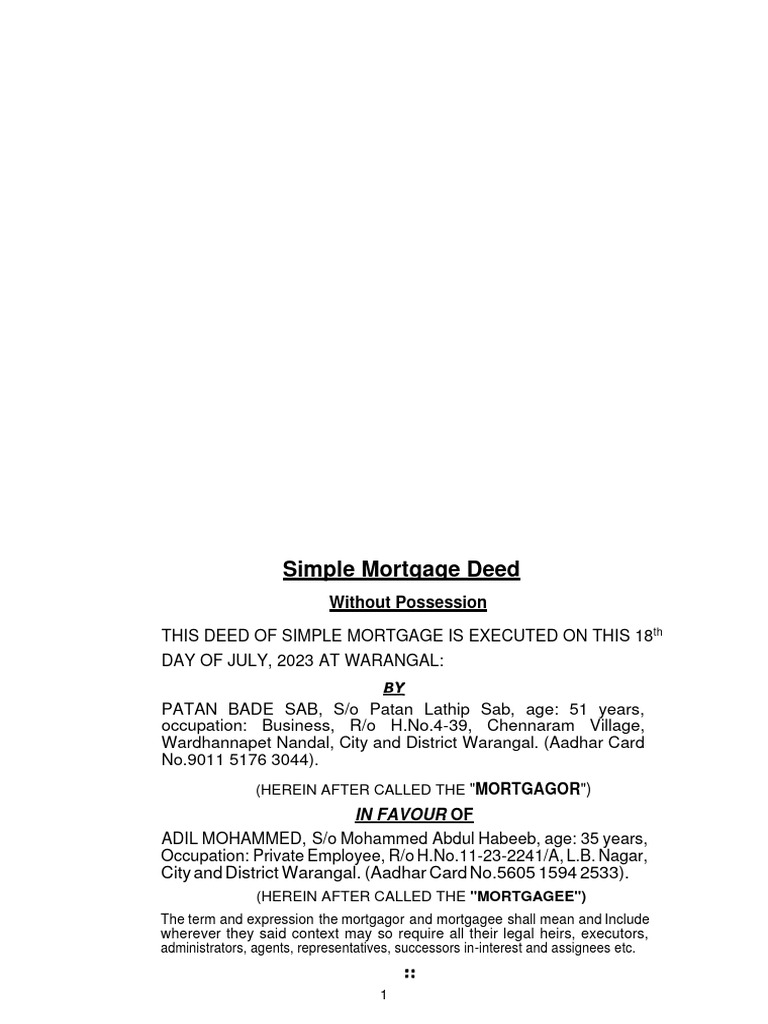 Simple Mortgage Deed (1) | PDF | Mortgage Law | Mortgages