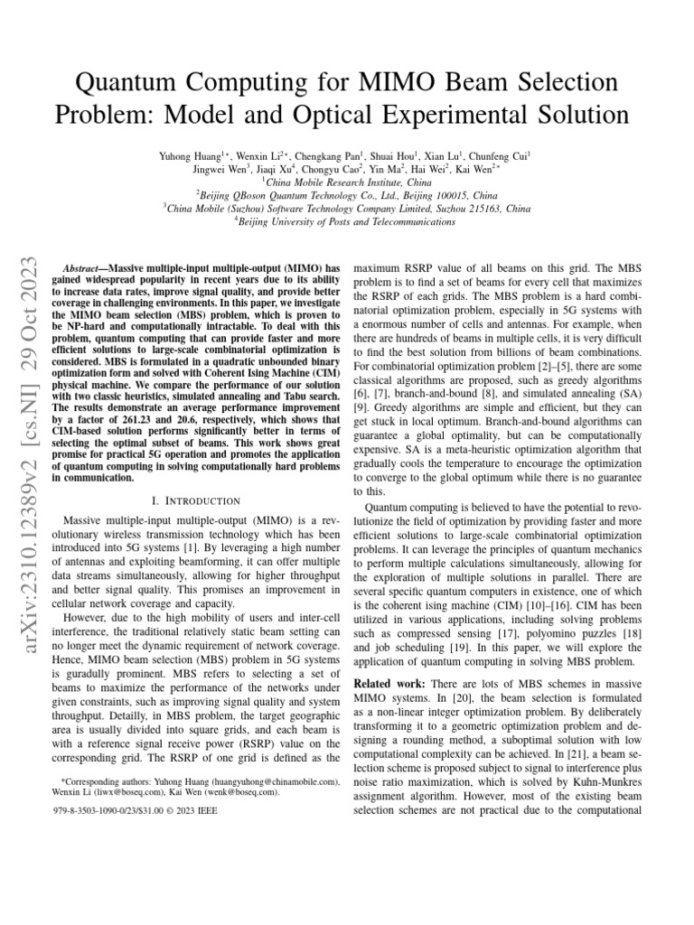 Quantum MIMO Beam Selection | PDF | Mathematical Optimization | Quantum Computing
