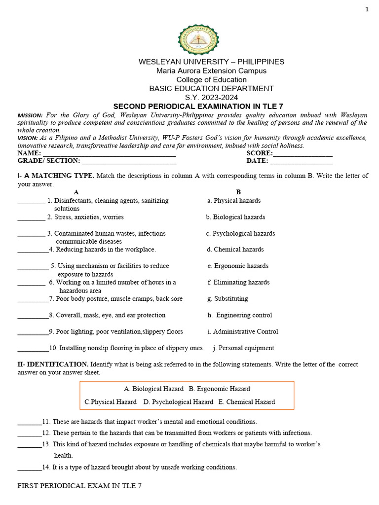 Grade 7 First PERIODICAL Test - Docx 2023-2024 | PDF | Hazards ...