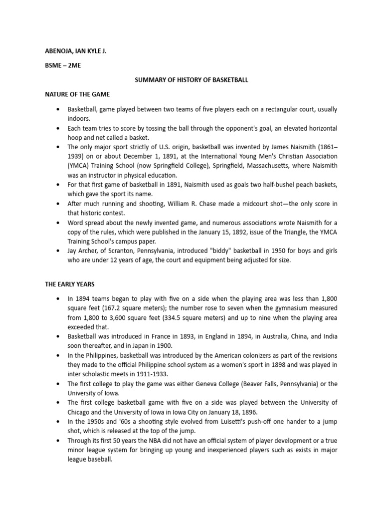 HISTORY OF BASKETBALL | PDF | Ball Games | Team Sports