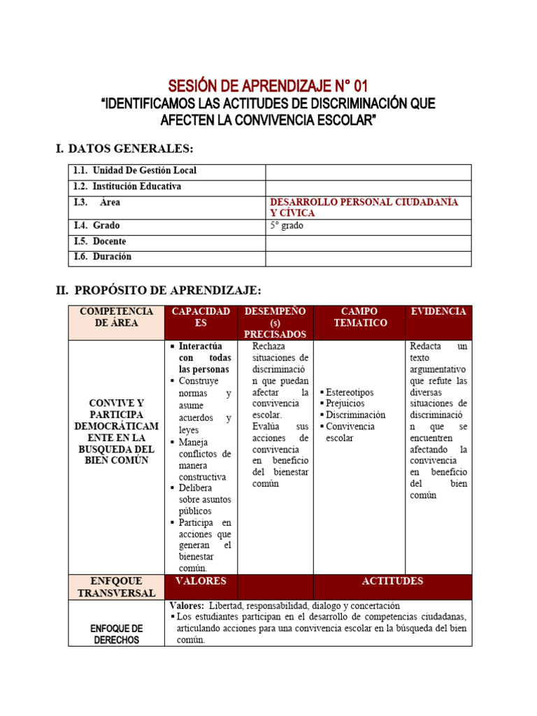 1RA SESIÓN DE APRENDIZAJE 5° GRADO | PDF | Aprendizaje | Discriminación