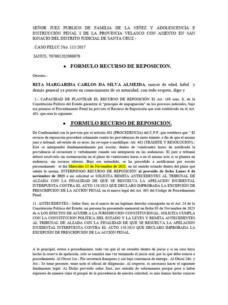 Recurso de Reposicion | PDF | Apelación | Caso de ley