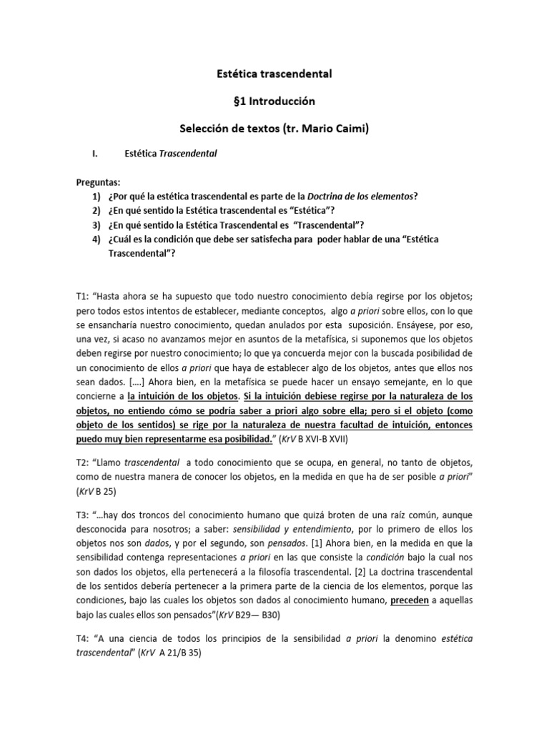 Est Tica Trascendental | PDF | Intuición | Trascendencia (filosofía)