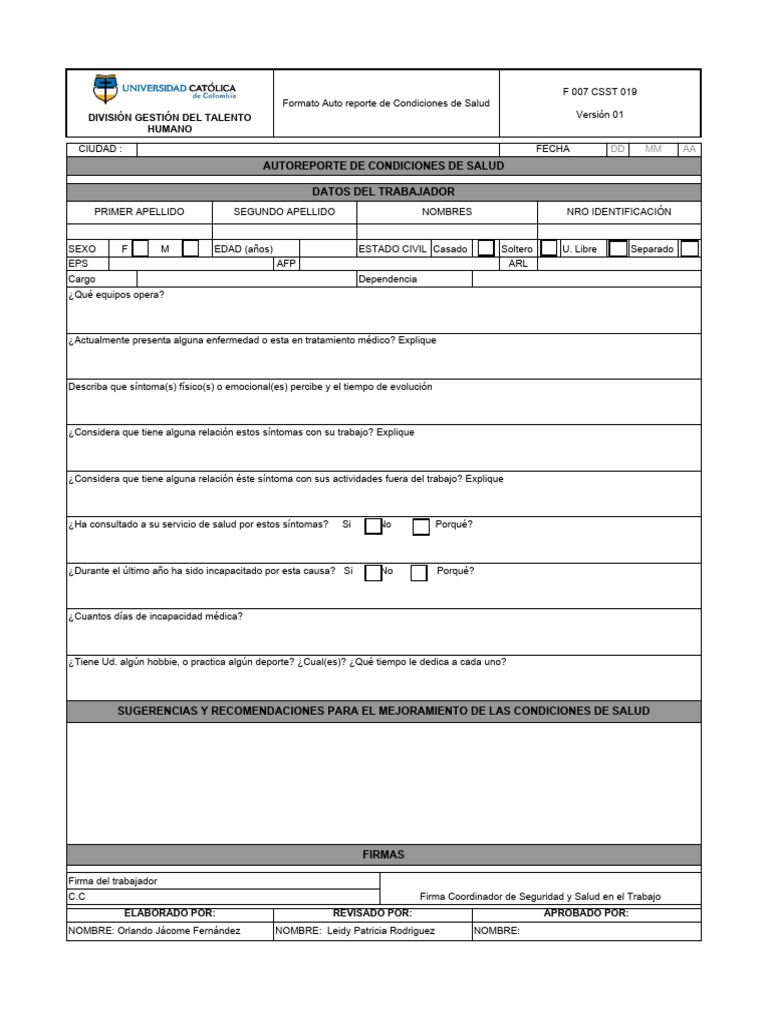 Formato Autoreporte de Condiciones de Salud Uv | Descargar gratis PDF ...