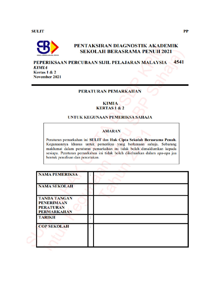 2021 SBP Chemistry K1 - K2 Jawapan | PDF