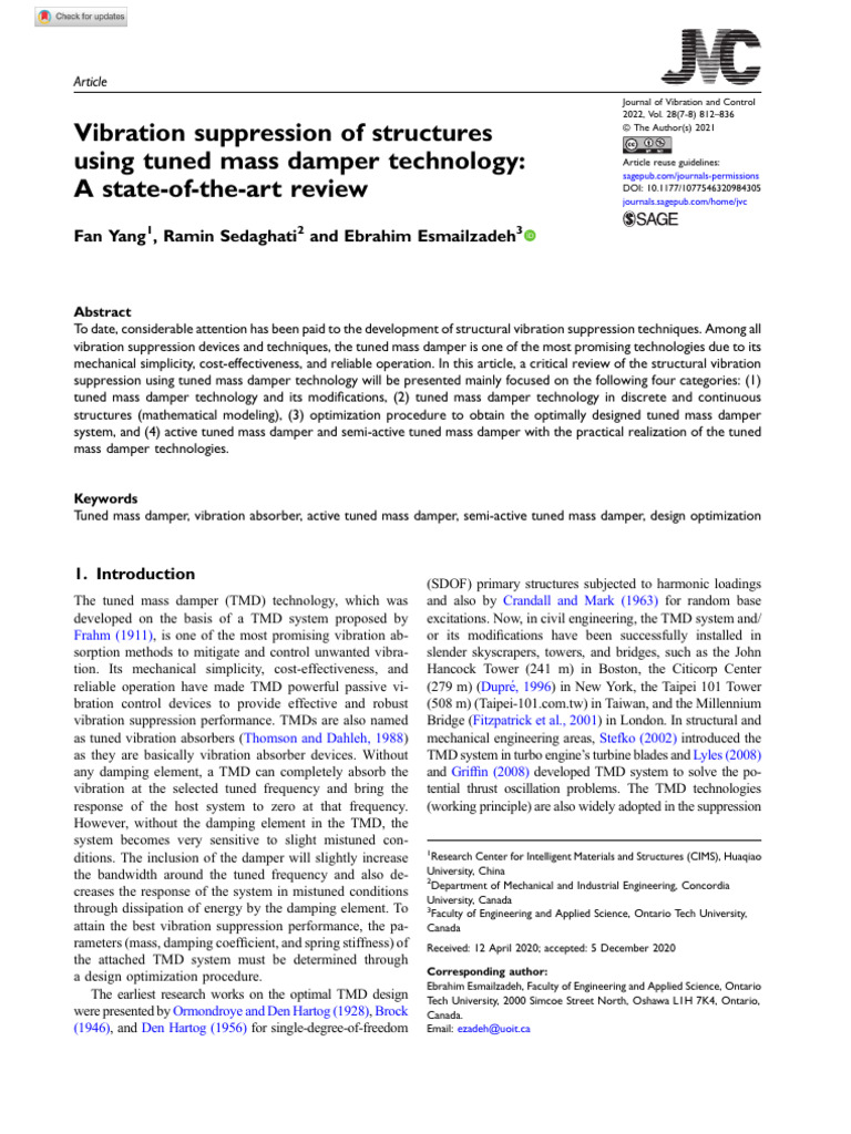 Yang Et Al 2021 Vibration Suppression of Structures Using Tuned Mass Damper Technology A State ...
