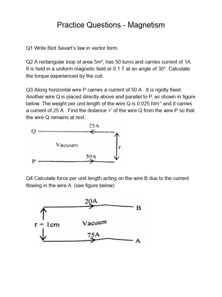 Practice Questions - Magnetism | PDF | Magnetic Field | Electric Current