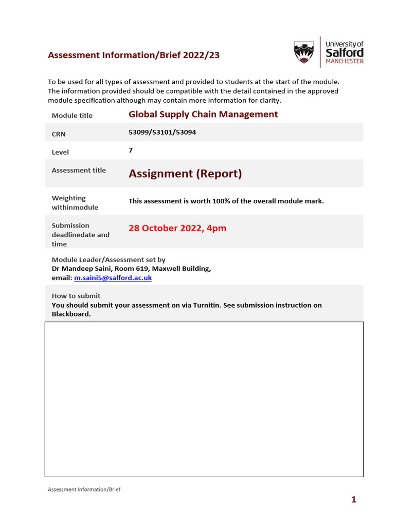 GSCM assessment brief 2022-SEM1-Salford (1) | PDF | Educational ...