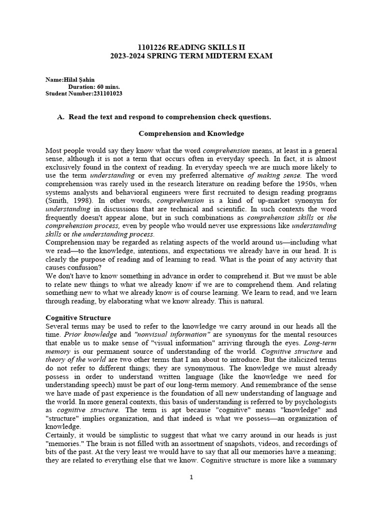 Rss - II - Midterm - Exam Kopyası | PDF | Reading Comprehension | Knowledge