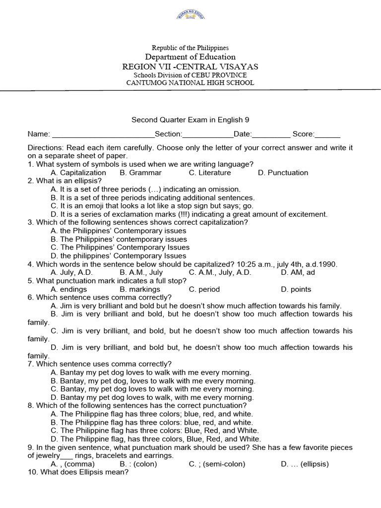second-quarter-exam-ENGLISH 9 | PDF | Punctuation | Comma