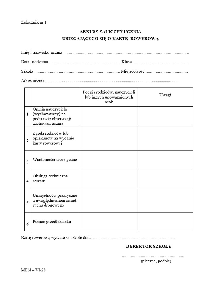 Załącznik NR 1 ARKUSZ ZALICZEŃ UCZNIA KARTA ROWEROWA | PDF