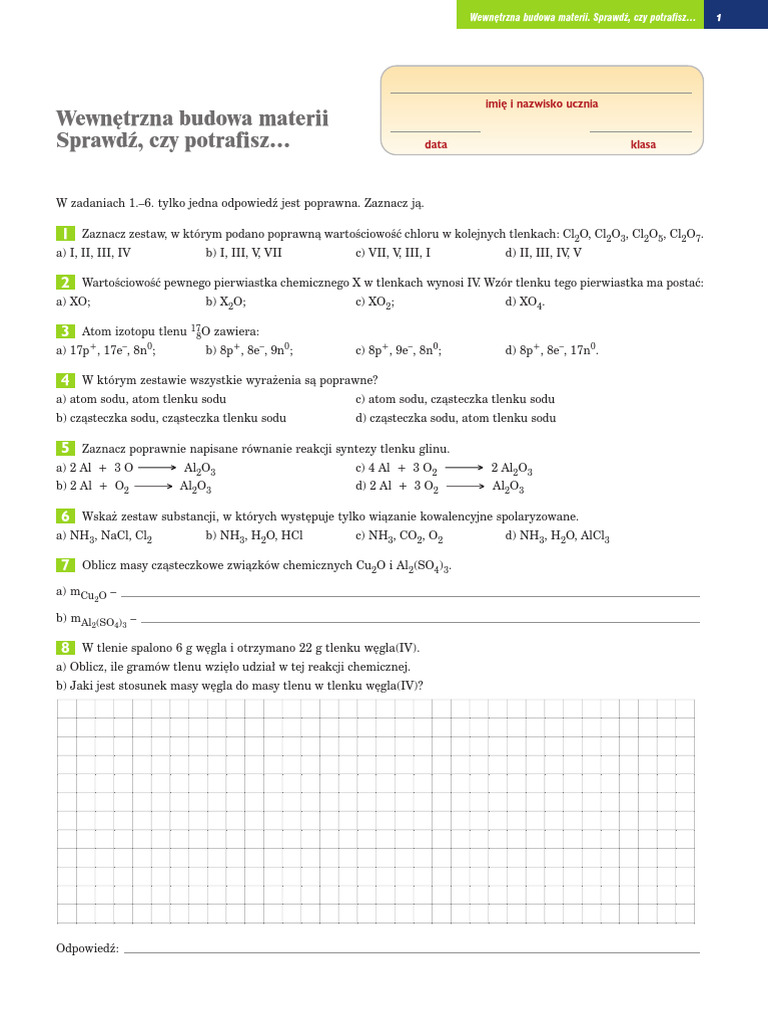 Test Chemia Nowej Ery - Wewnętrzna Budowa Materii | PDF