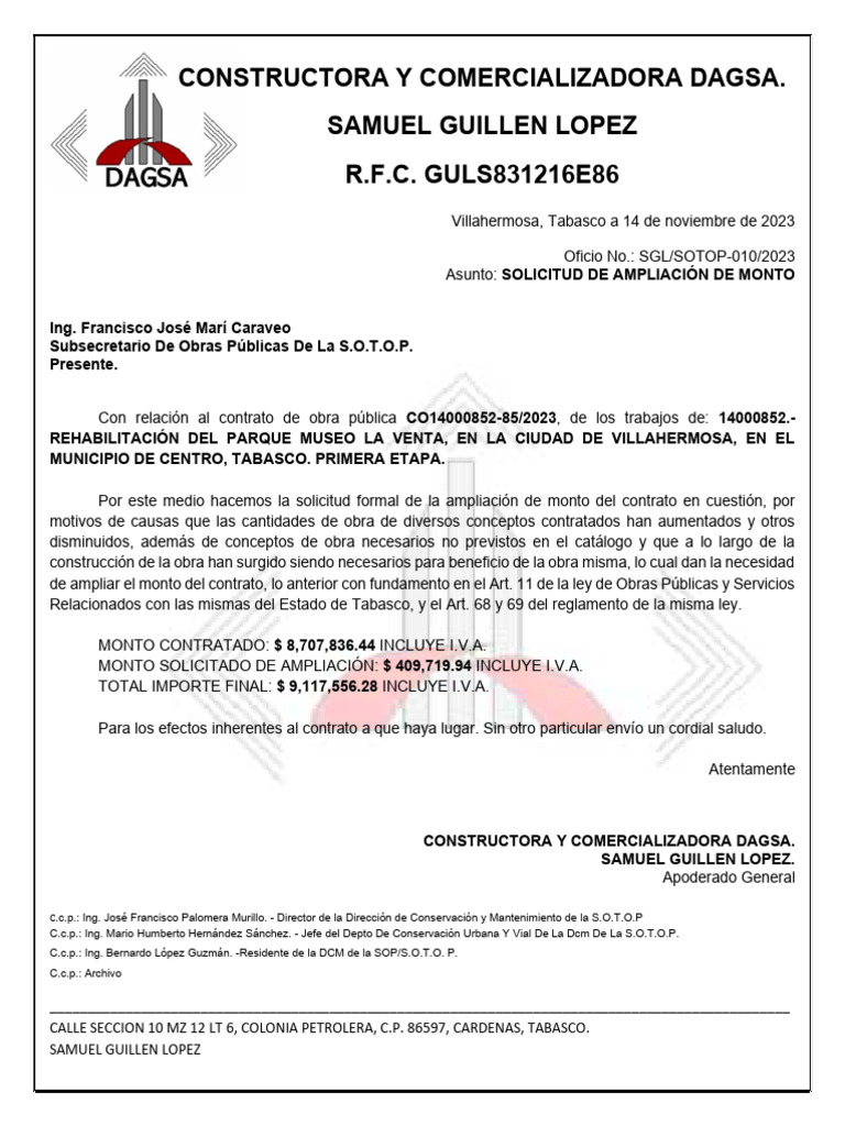 Oficio Solicitud Ampliacion Monto | PDF