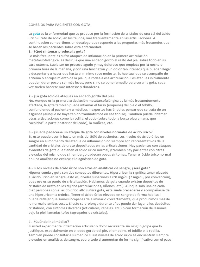 CONSEJOS PARA PACIENTES CON GOTA | PDF | Gota | Medicina CLINICA CONSEJOS PARA PACIENTES CON GOTA | PDF | Gota | Medicina CLINICA