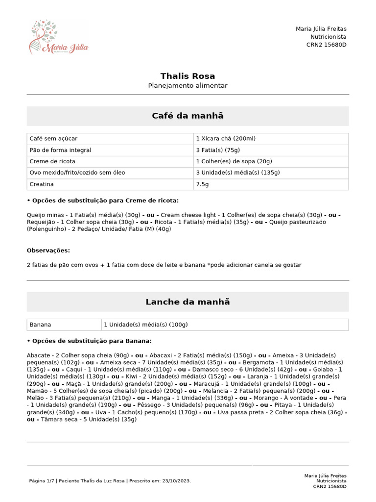Plano Alimentar - Thalis Da Luz Rosa | PDF | Refeição | Creme de queijo