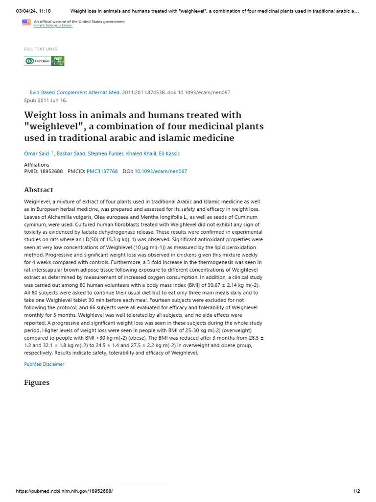 Weight Loss in Animals and Humans Treated With "Weighlevel", A ...