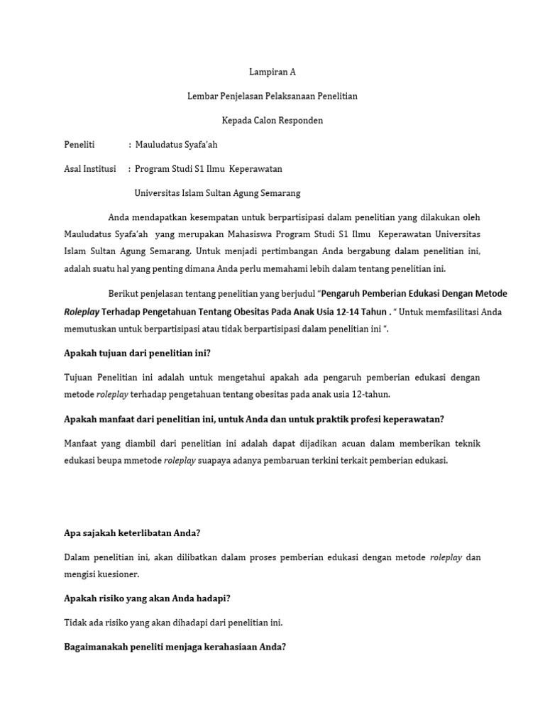 contoh lembar consent & PSP (Penjelasan Sebelum Penelitian) kuantitatif syafa | PDF