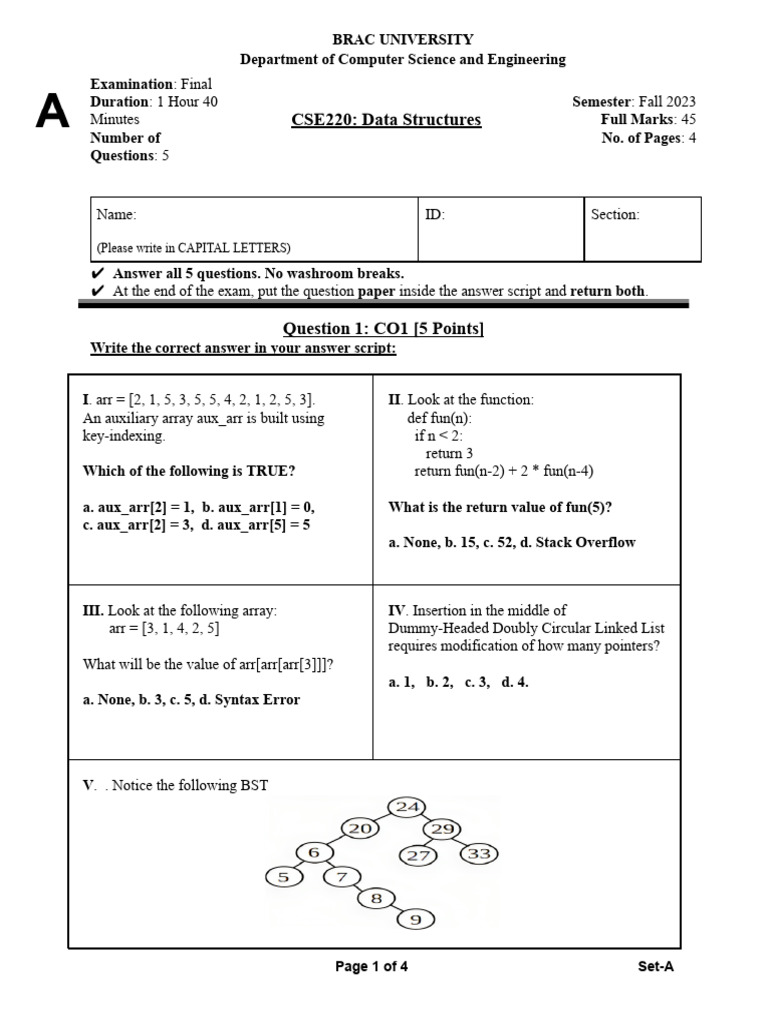 CSE220 Final Fall-23 Set-A | PDF | Queue (Abstract Data Type) | Algorithms