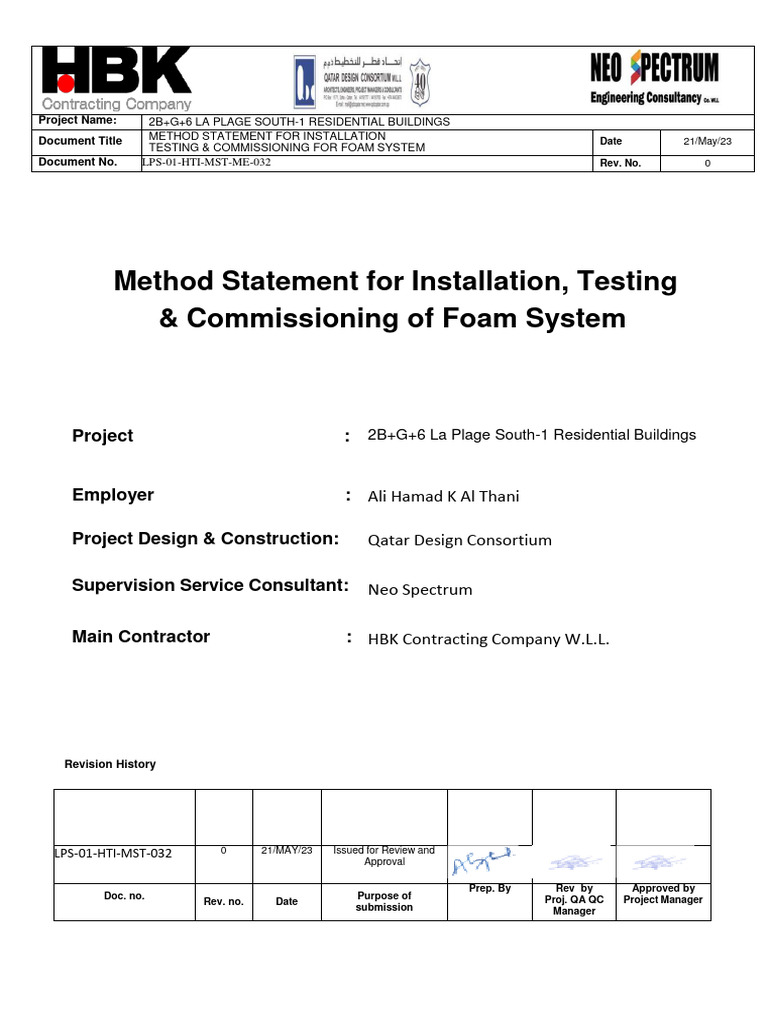 Lps-01-Hti-Mst-Me-032 - Method Statement For Foam Fire Fire Supression System | PDF | Pipe ...