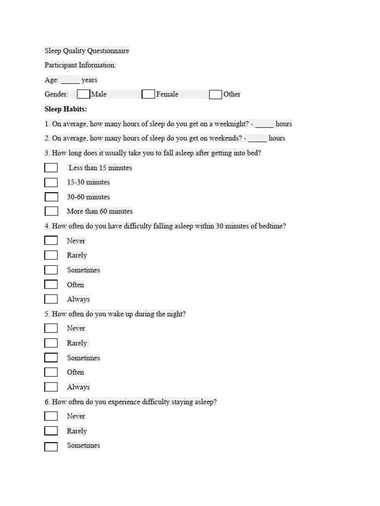 Sleep Quality Questionnaire | Download Free PDF | Sleep | Psychological ...